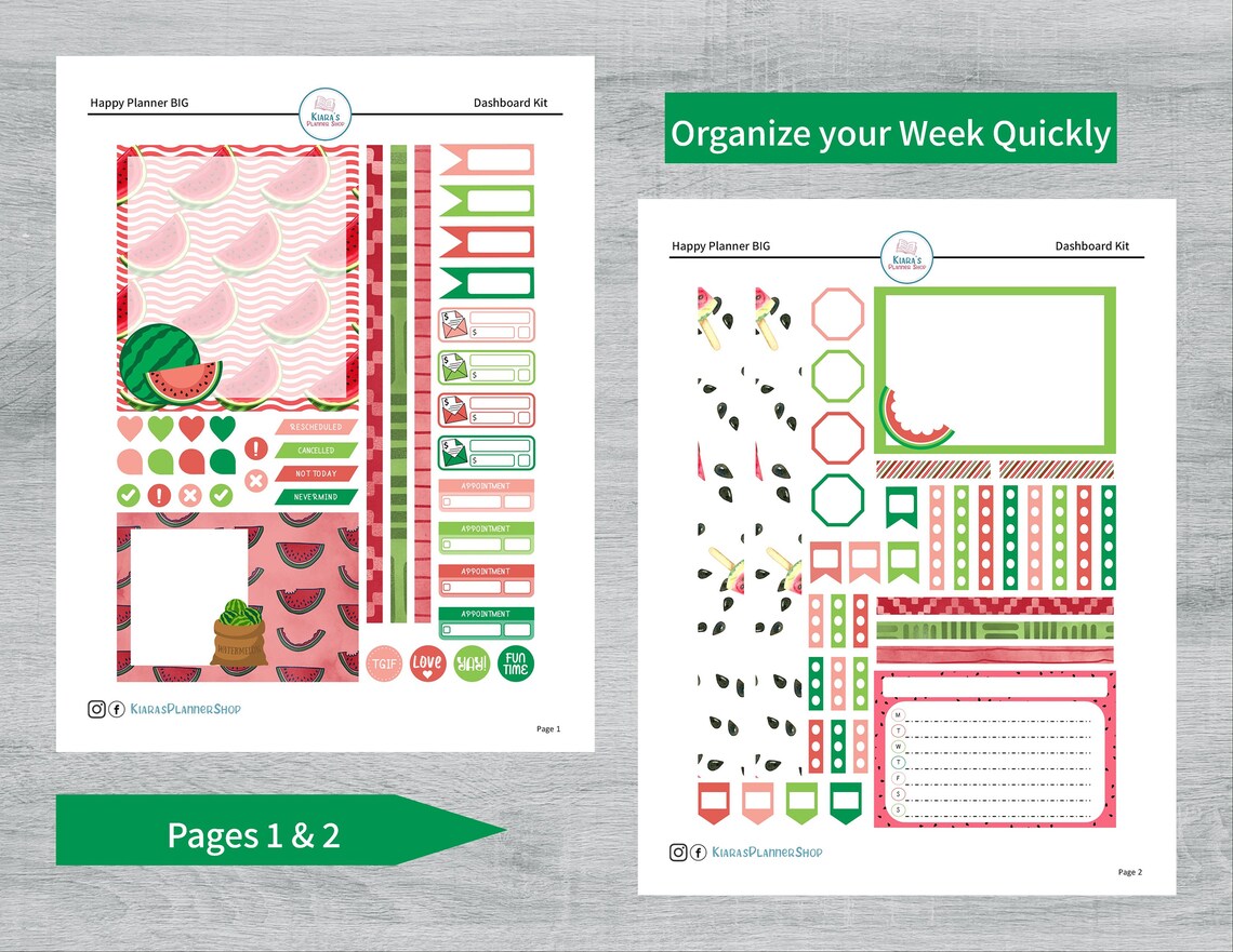 Watermelons Printable Weekly Dashboard Sticker Kit for Happy Planner ...