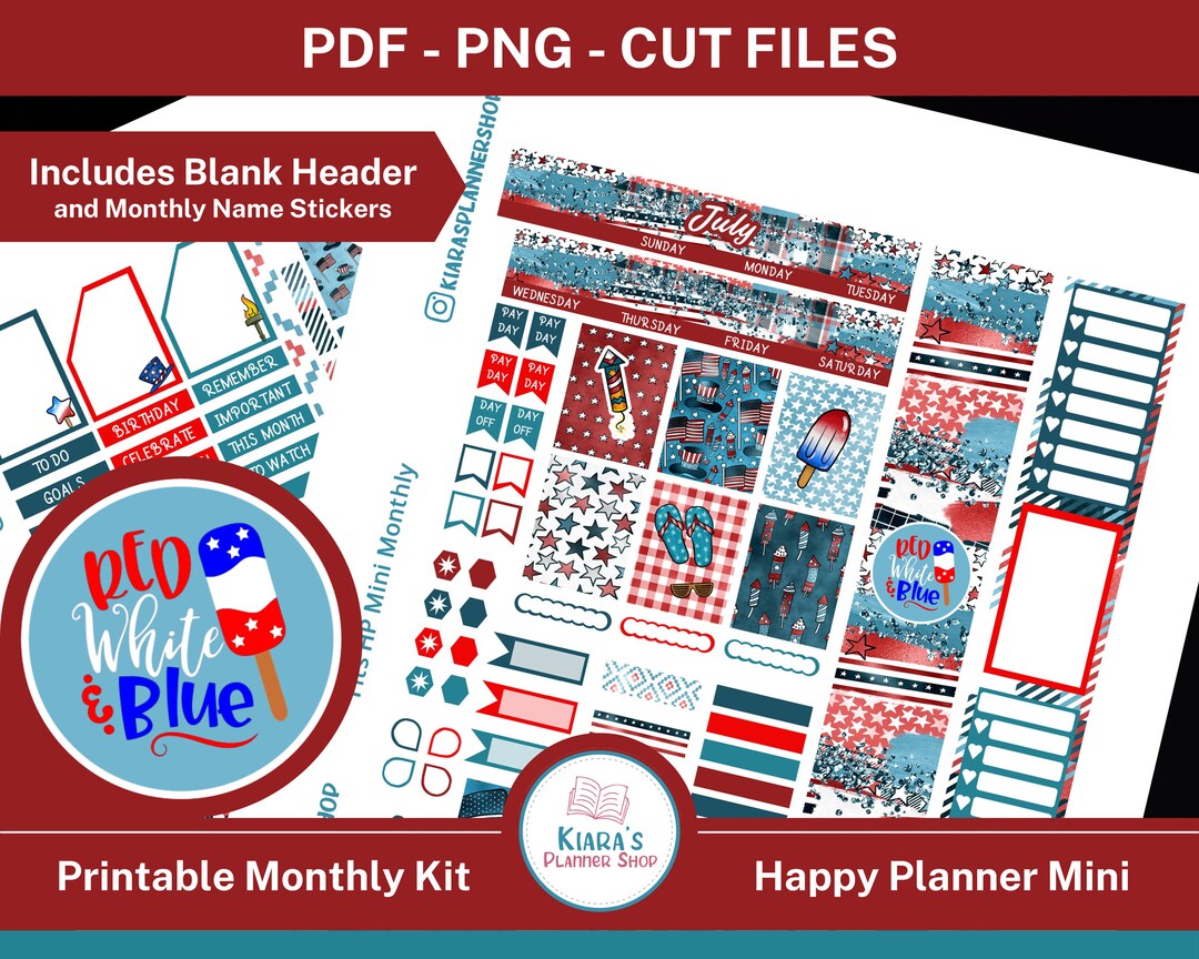 Red White and Blue (july) - Printable Monthly Sticker Kit for Happy ...