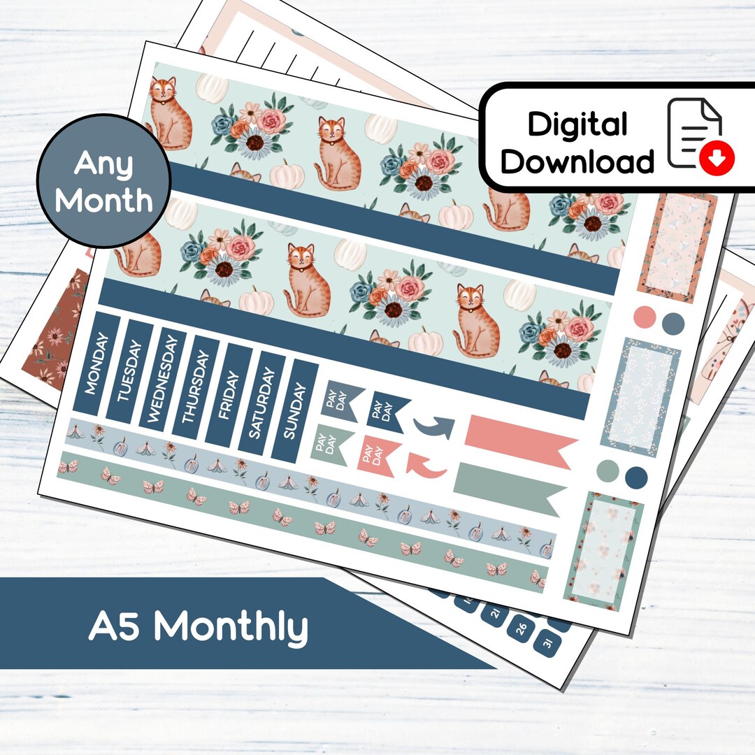 A5 Monthly - Floral Fall Printable Monthly Sticker Kit for A5planners ...