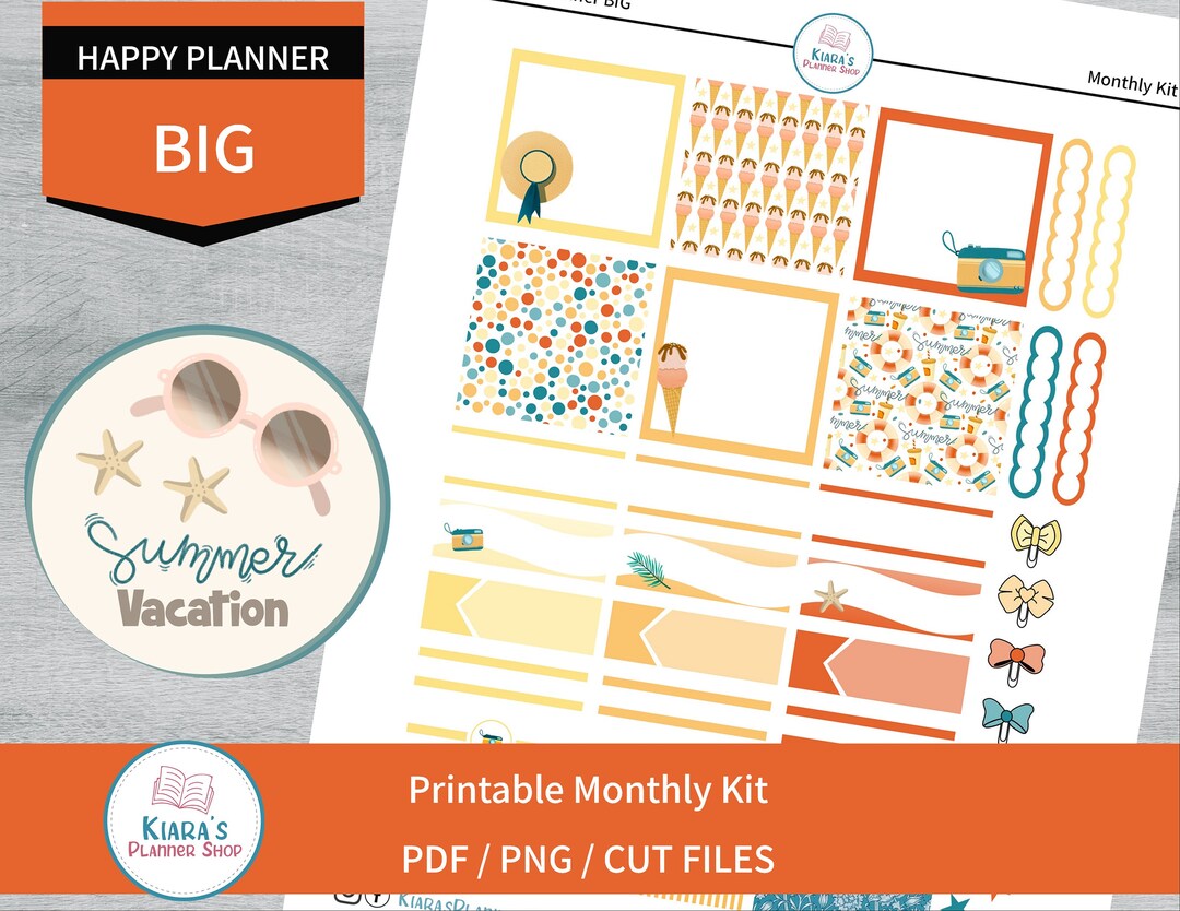 Summer Vacation Printable Monthly Sticker Kit for Happy Planner BIG ...