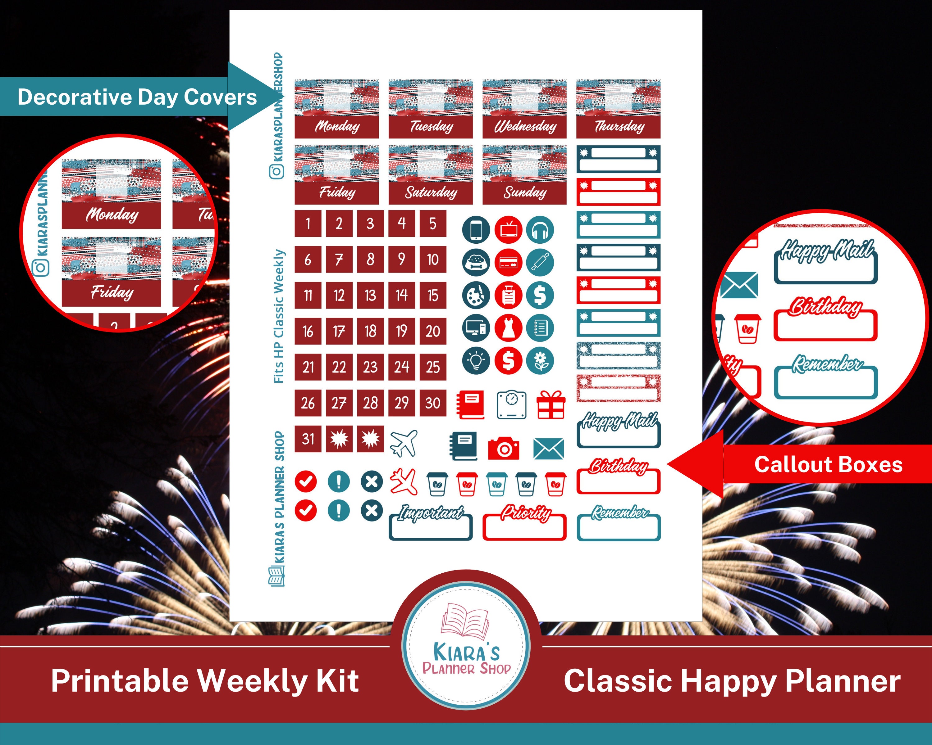 Red White and Blue july Printable Weekly Sticker Kit for Happy Planner ...