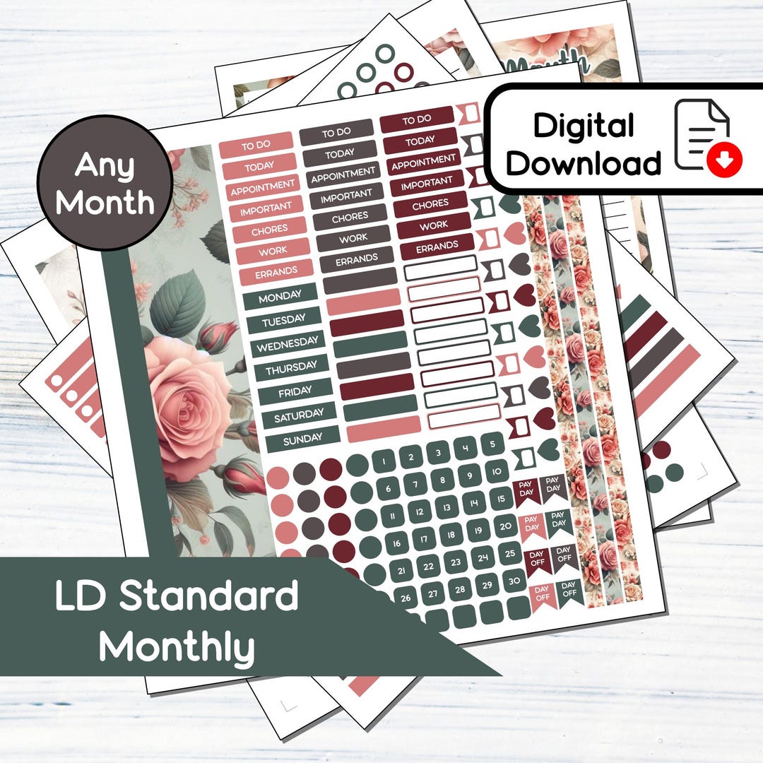 Large Monthly - June Rose - Printable Monthly Sticker Kit for Laurel ...