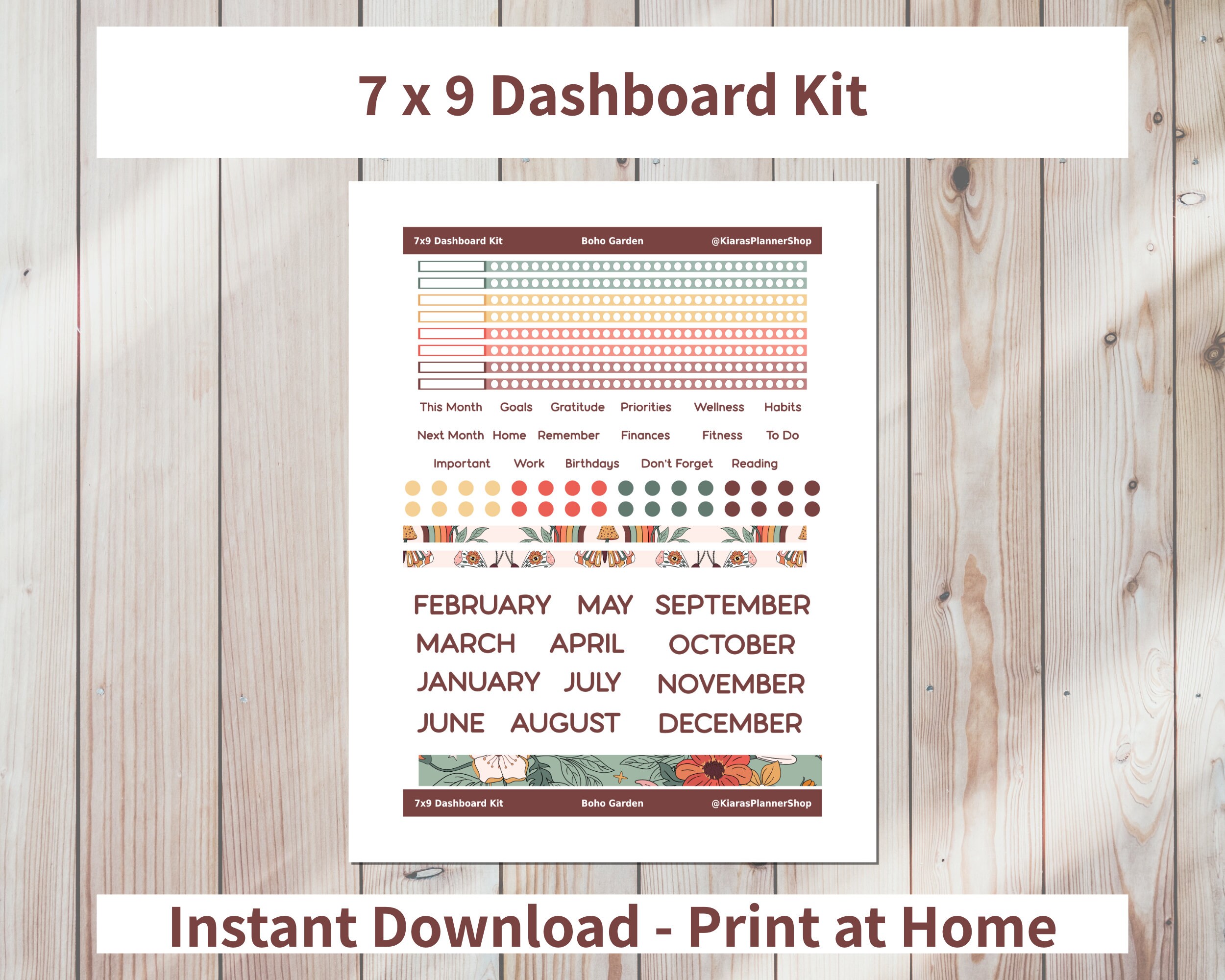 Boho Garden - Printable Monthly Dashboard Sticker Kit for 7 X 9 ...