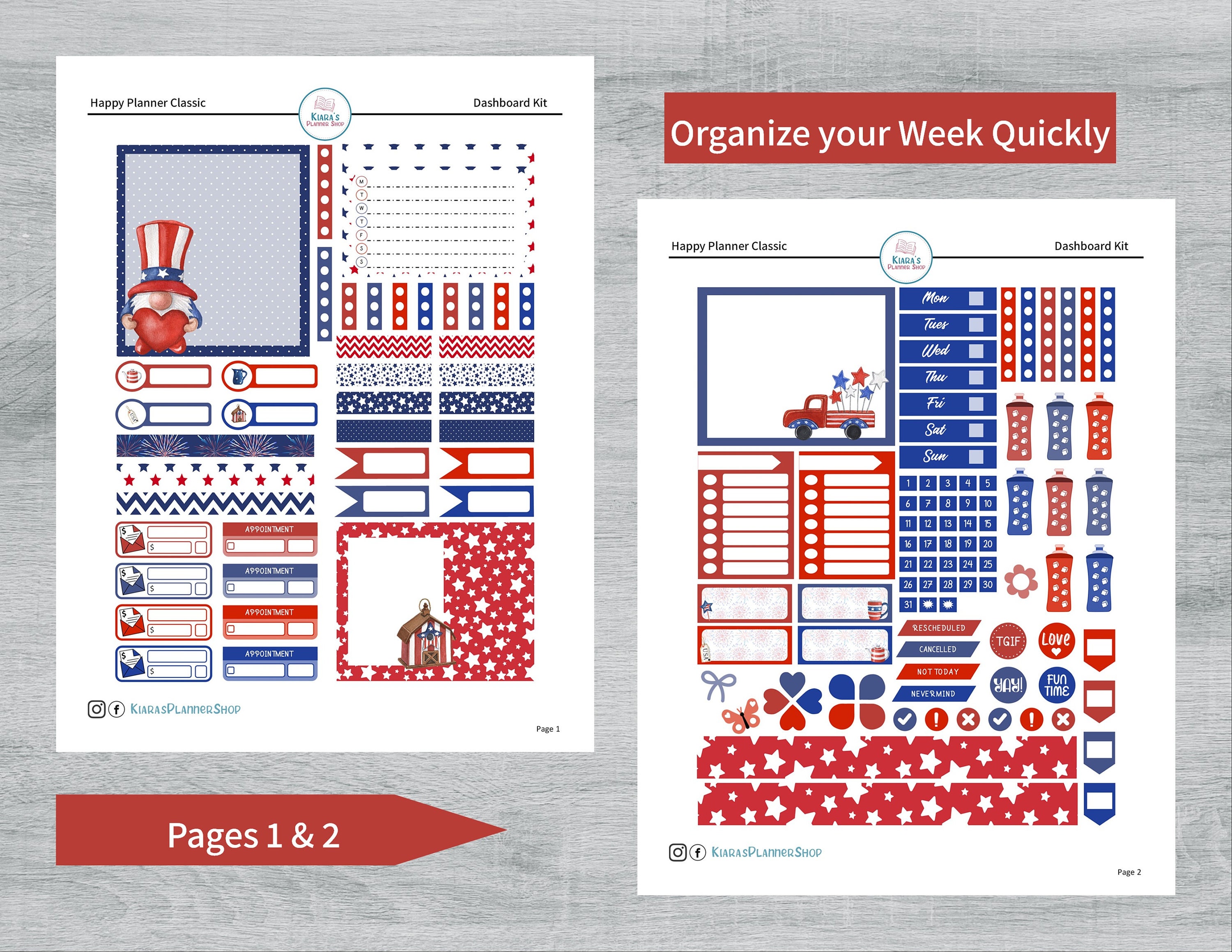 Stars and Stripes Printable Weekly Dashboard Sticker Kit for Happy ...