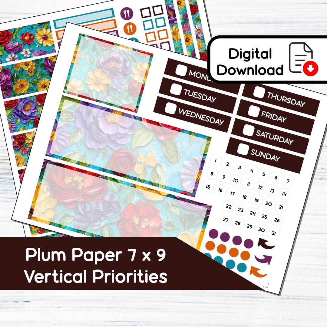 7x9 Plum Paper Vertical Priorities - Painted Floral - Printable Weekly ...