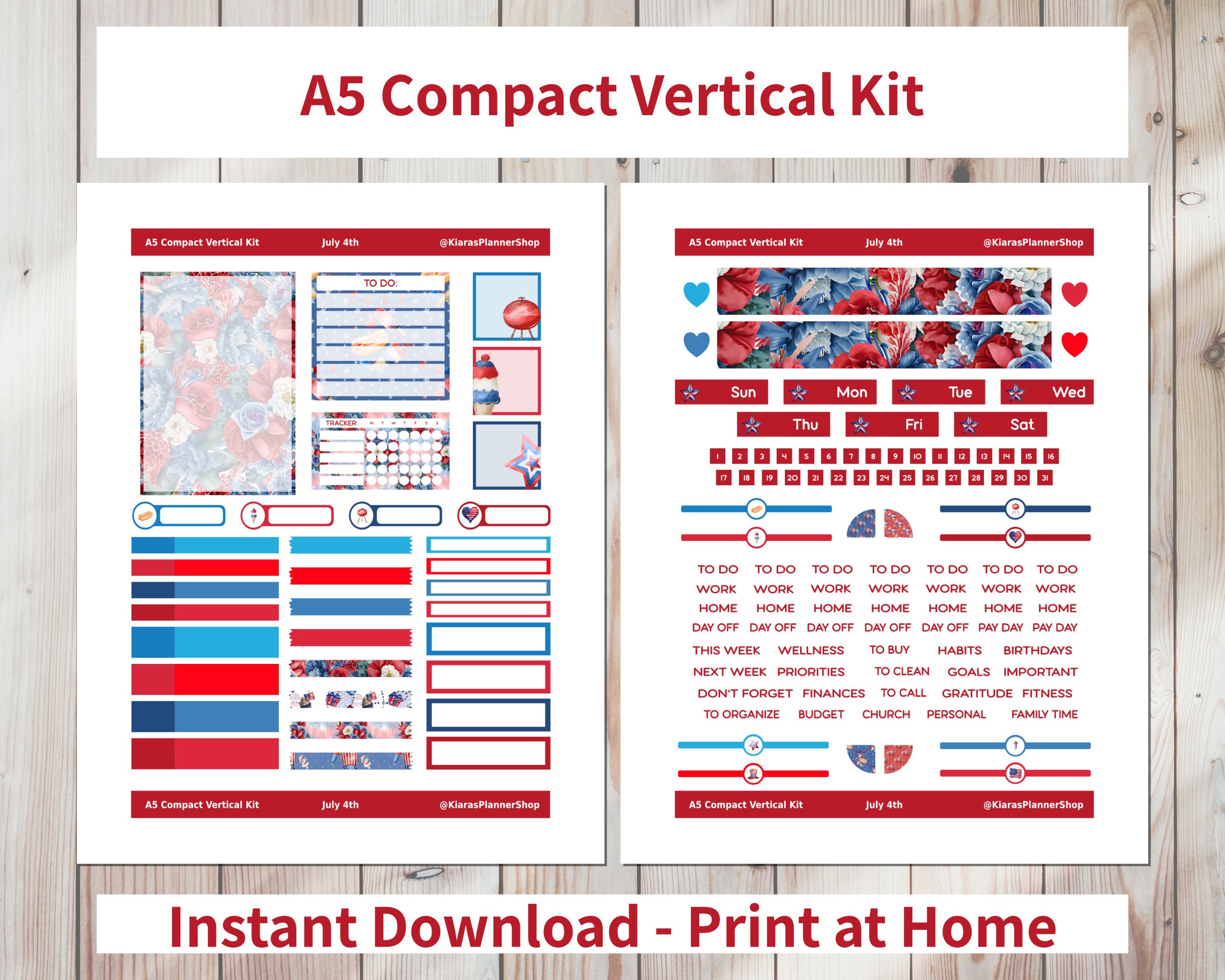 July 4th Printable Weekly Compact Vertical Sticker Kit for A5 Planners ...