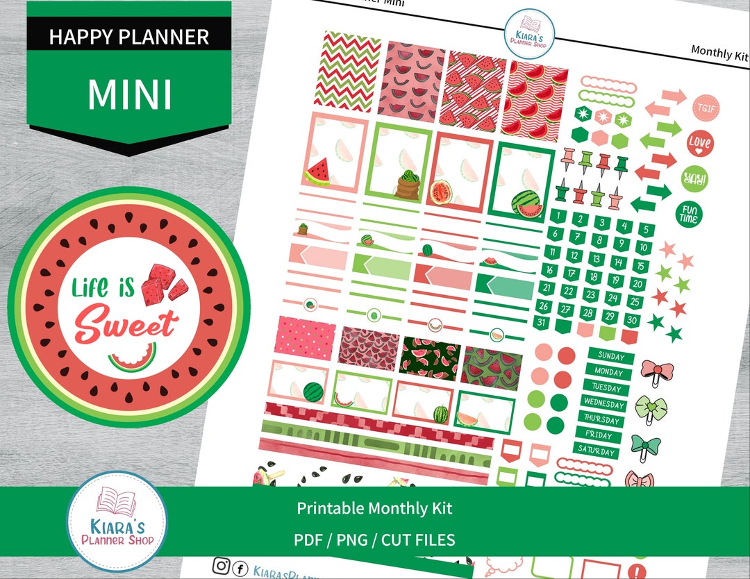 Watermelons Printable Monthly Sticker Kit for Happy Planner Mini WMHPMM ...