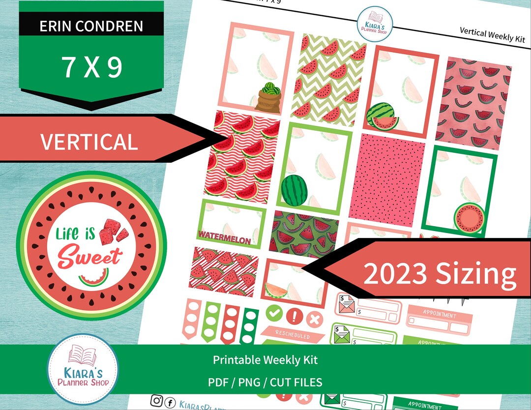 Watermelons Printable Vertical Weekly Sticker Kit for 7x9 Planners ...