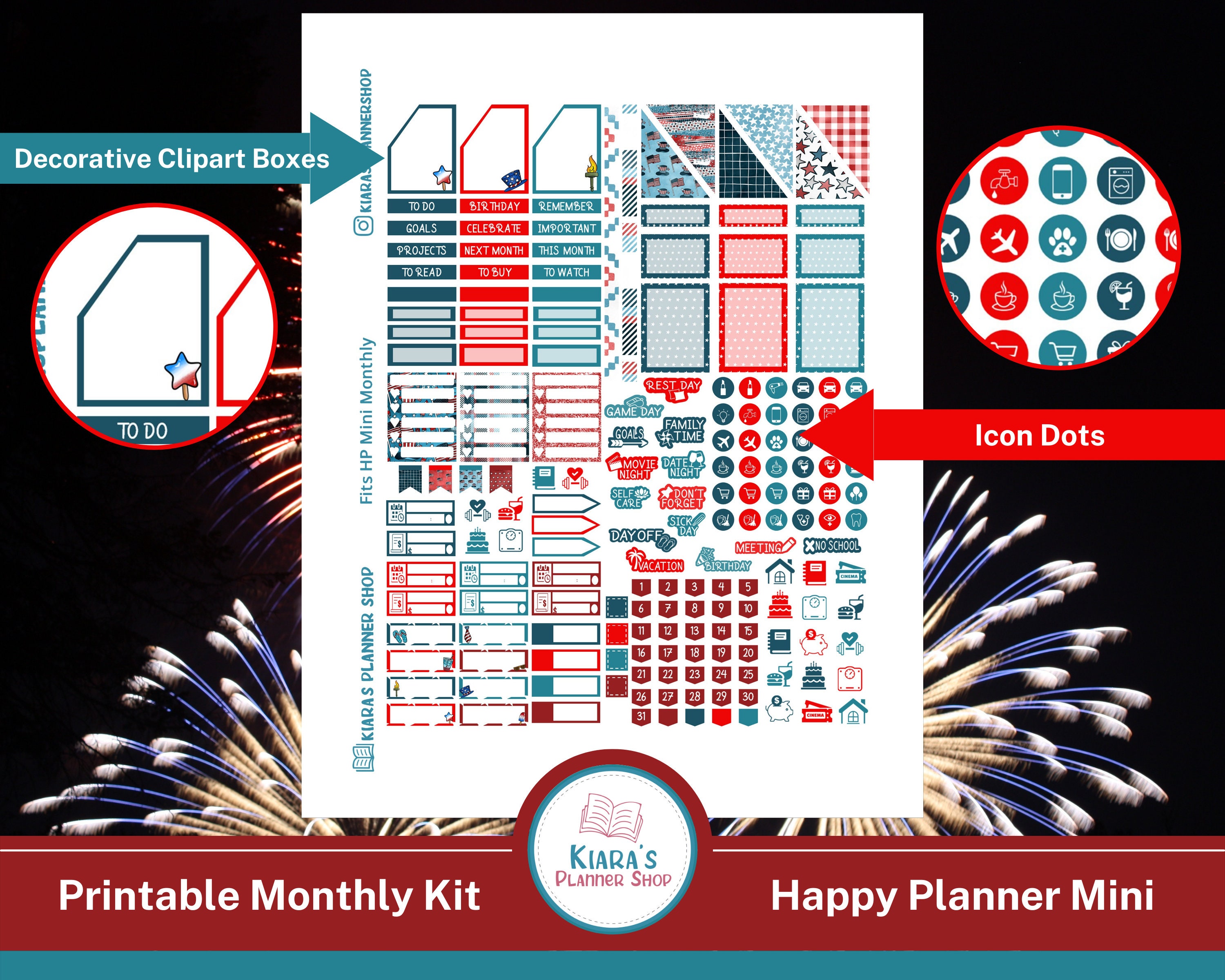 Red White and Blue july Printable Monthly Sticker Kit for - Etsy