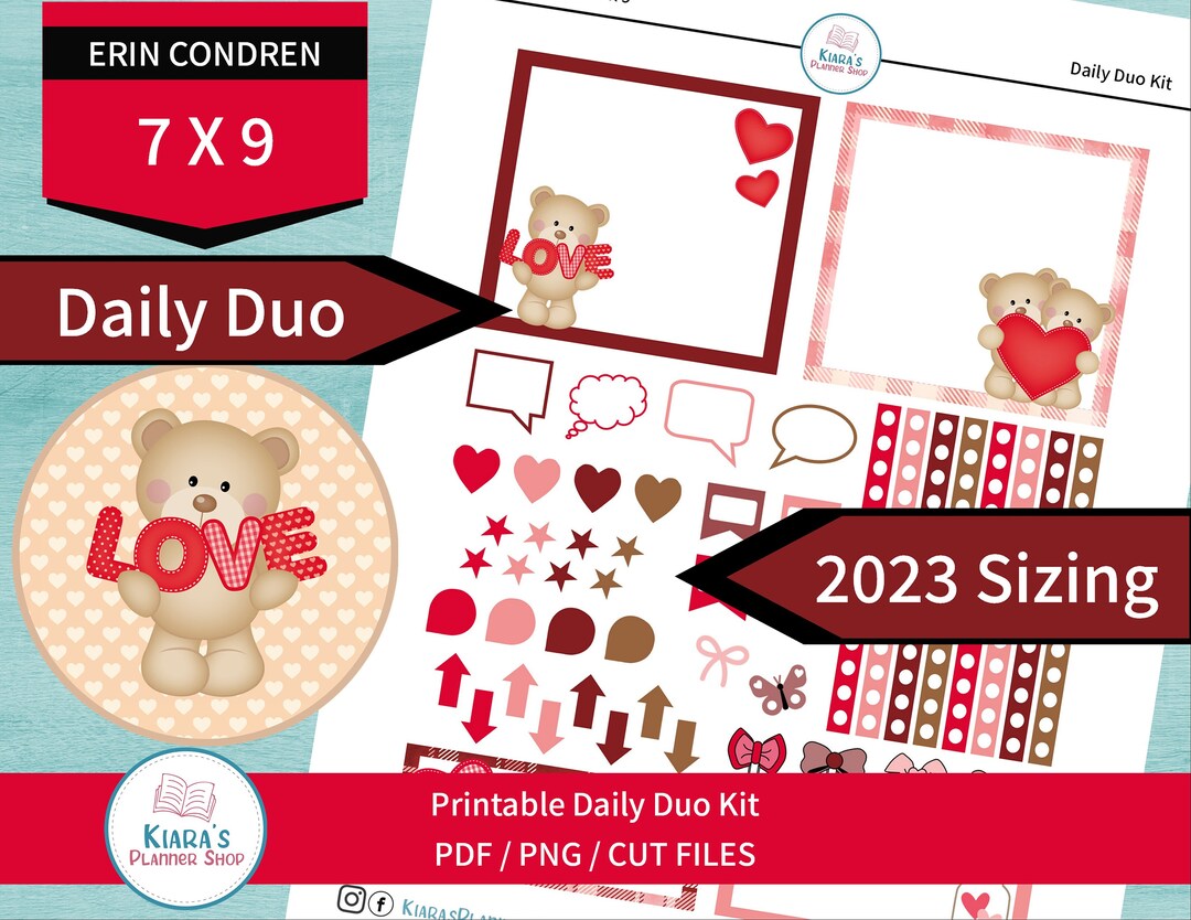 Valentine's Bears Printable Daily Duo Sticker Kit for 7x9 Planners ...