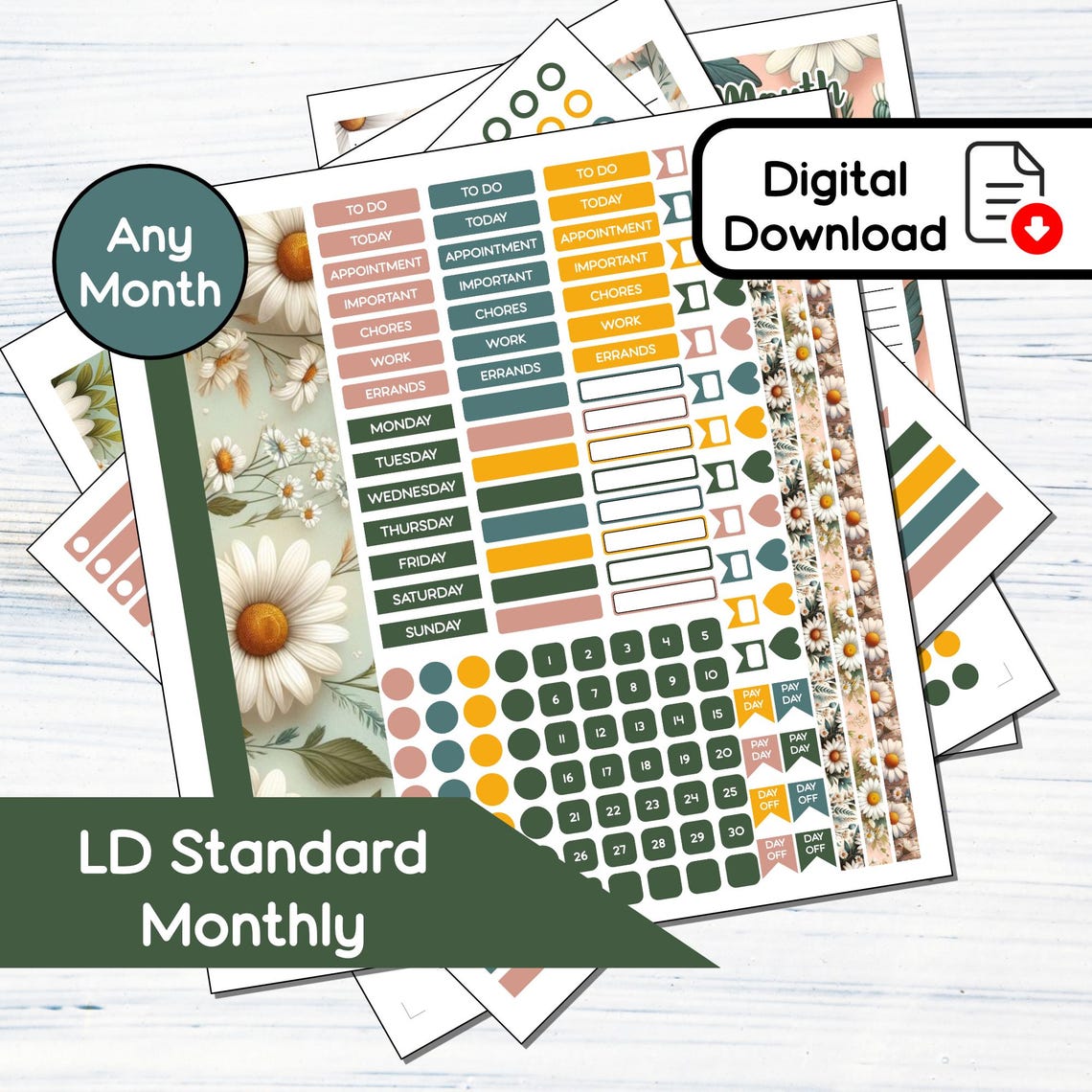 Large Monthly - April Daisy - Printable Monthly Sticker Kit for Laurel ...