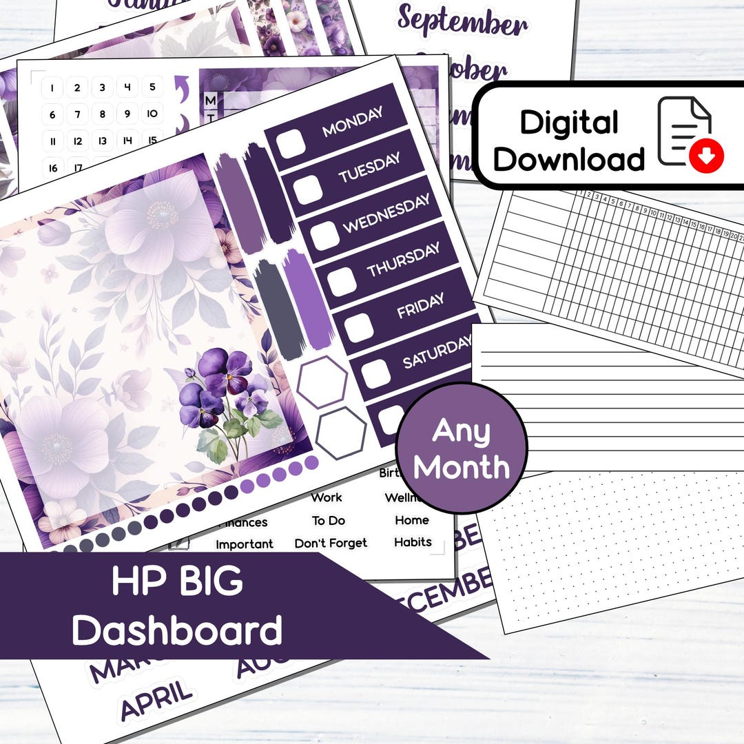 HP BIG Dashboard - February Violets Printable Dashboard Sticker Kit for ...