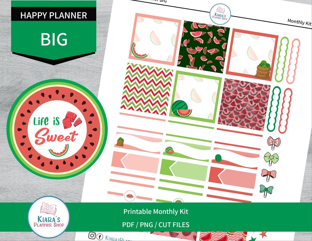Watermelons - Printable Monthly Sticker Kit for Happy Planner BIG ...