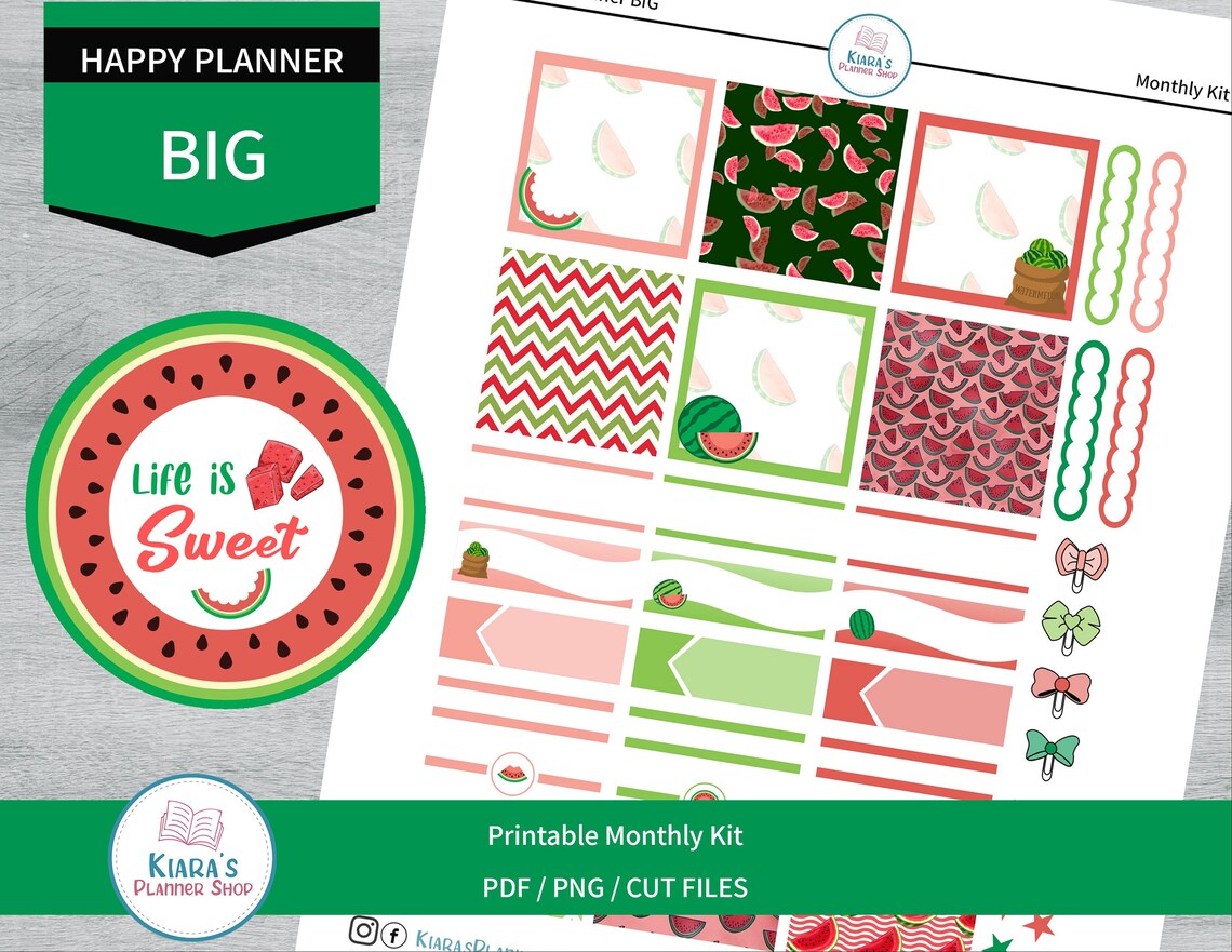 Watermelons Printable Monthly Sticker Kit for Happy Planner BIG WMHPBM ...