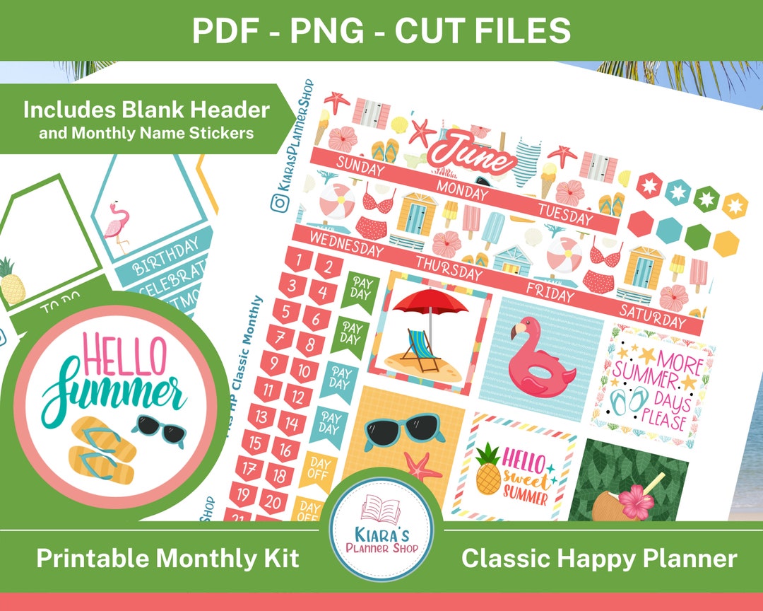 Hello Summer june Printable Monthly Sticker Kit for Happy Planner ...