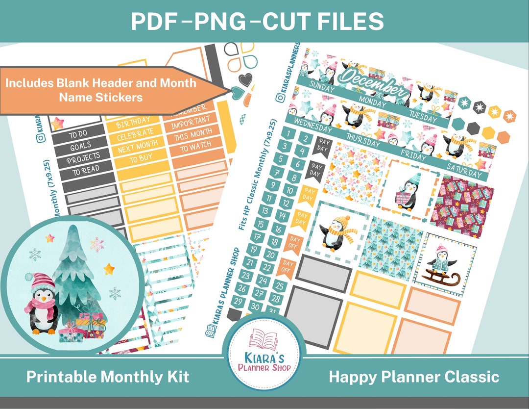 Holiday Penguins december Printable Monthly Sticker Kit for Happy ...