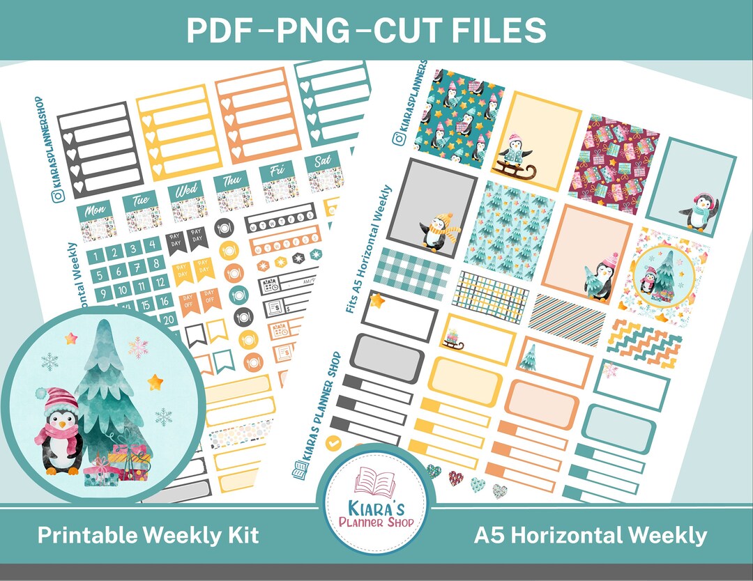 Holiday Penguins december Printable Horizontal Weekly Sticker Kit for ...