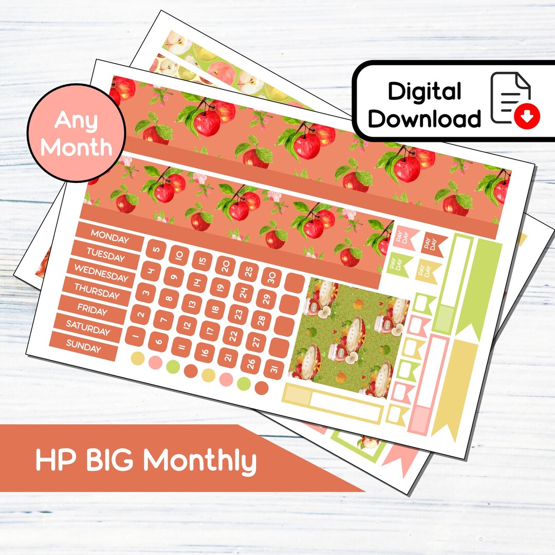 HP BIG Monthly - Apples Printable Monthly Sticker Kit for Happy Planner ...