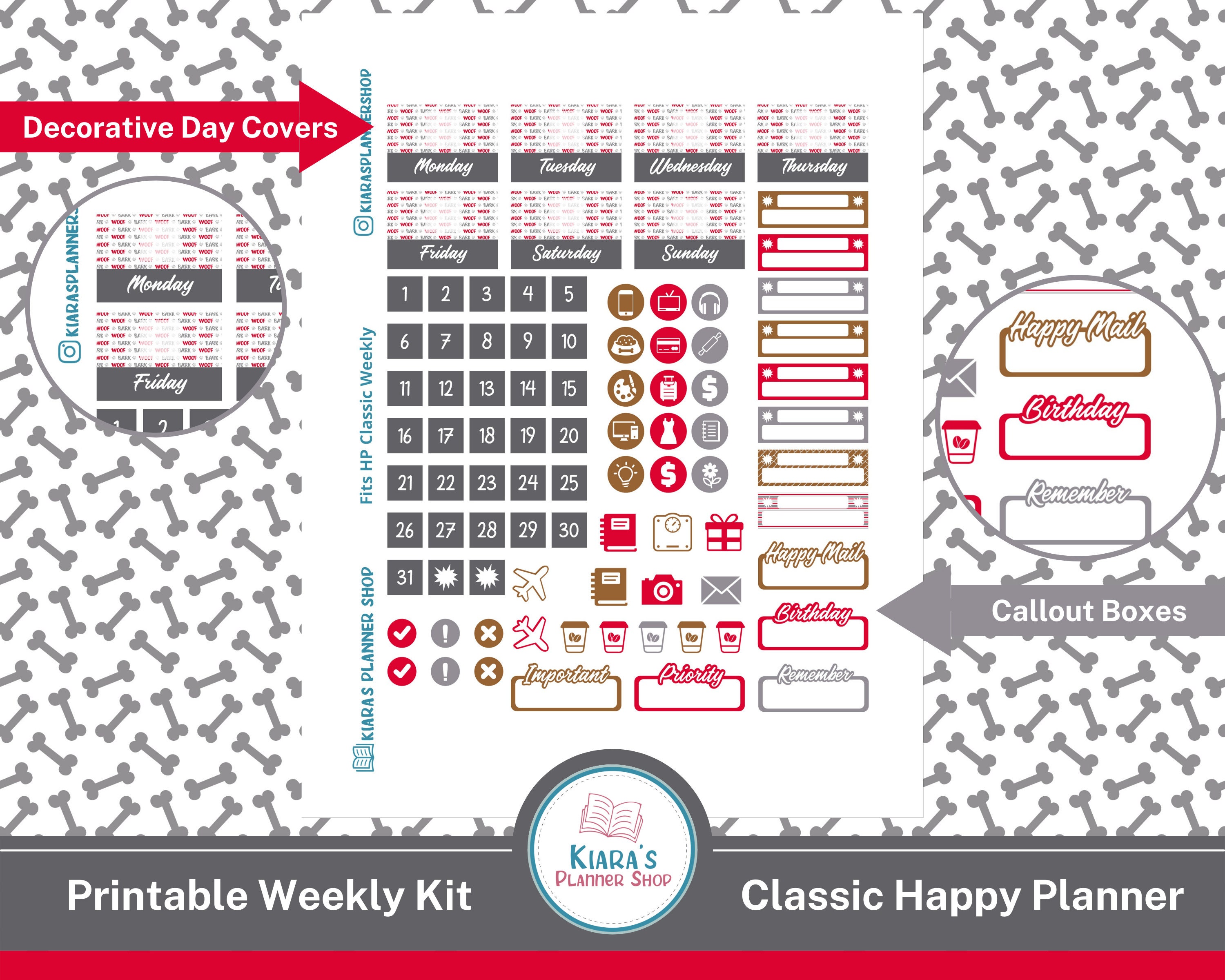 Cute Dogs Printable Weekly Sticker Kit for Happy Planner Classic CDHPCW ...