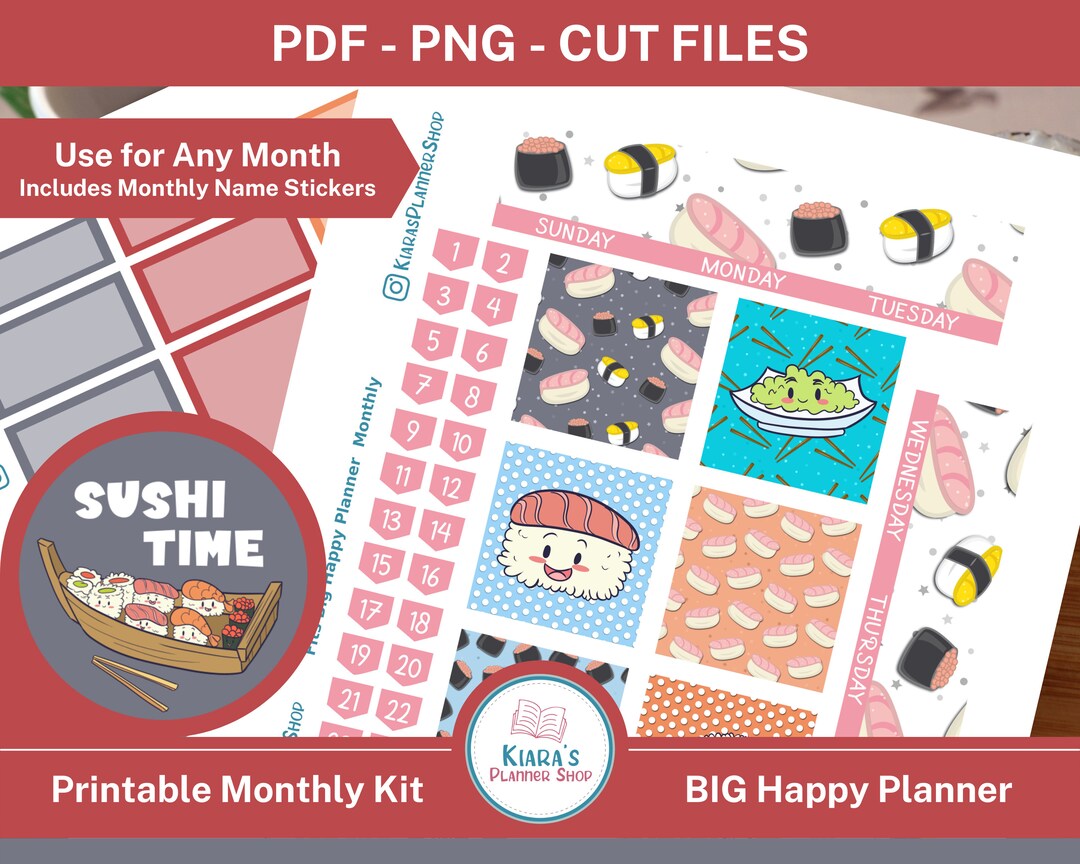 Kawaii Sushi Time any Month Printable Monthly Sticker Kit for Happy ...