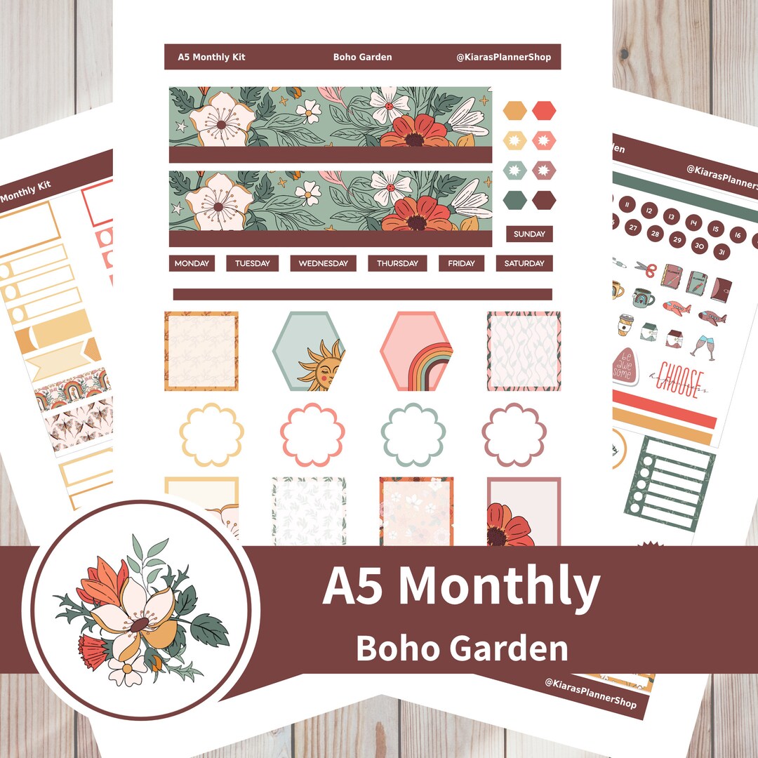 Boho Garden - Printable Monthly Sticker Kit for A5 Planners (SBA5M) (5. ...