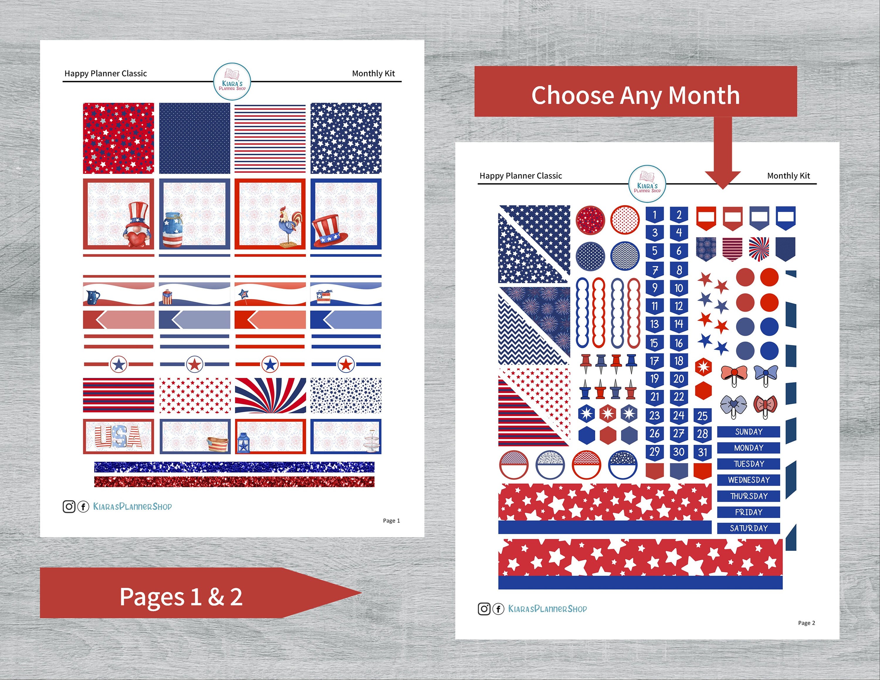 Stars and Stripes Printable Monthly Sticker Kit for Happy Planner ...