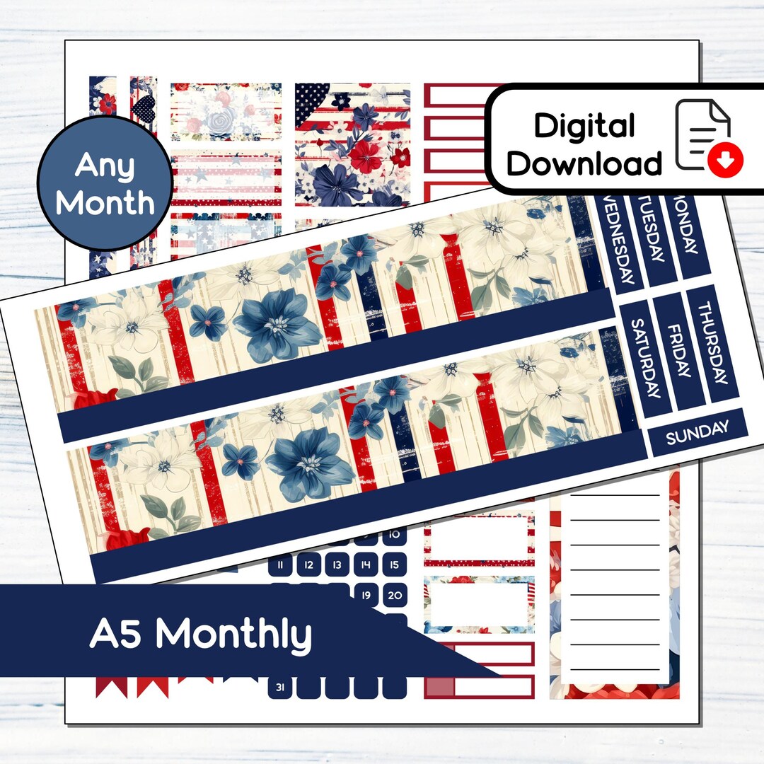 A5 Monthly -patriotic Shabby Chic Printable Monthly Sticker Kit for ...