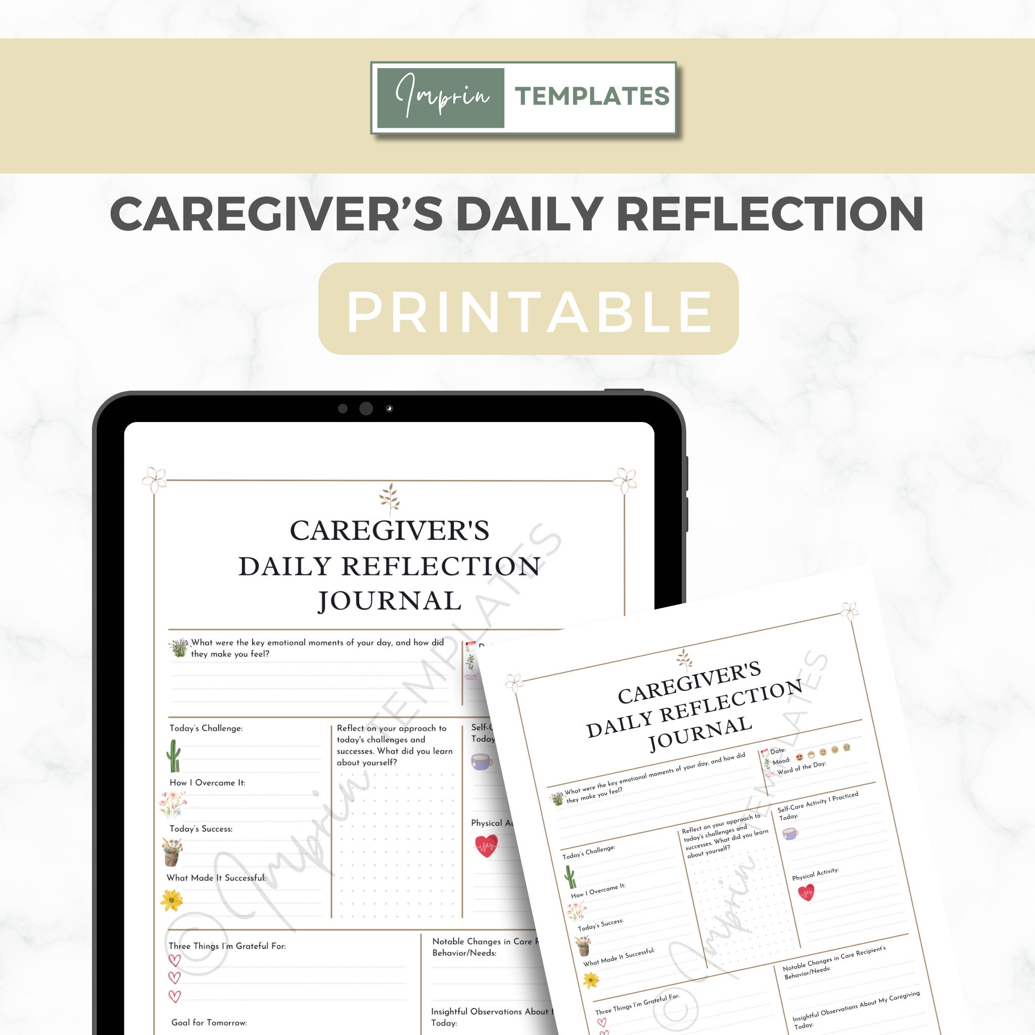 Printable Caregiver Reflection Journal Daily Emotional Wellness Planner ...