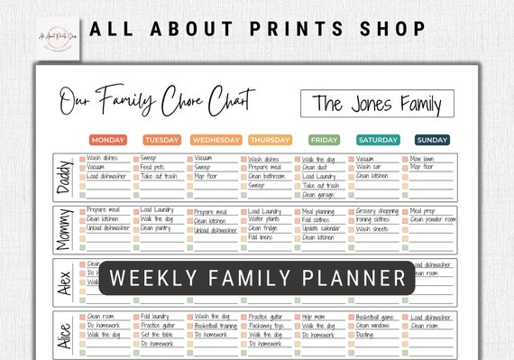 Family Chore Chart Household Planner Printable Weekly Family - Etsy