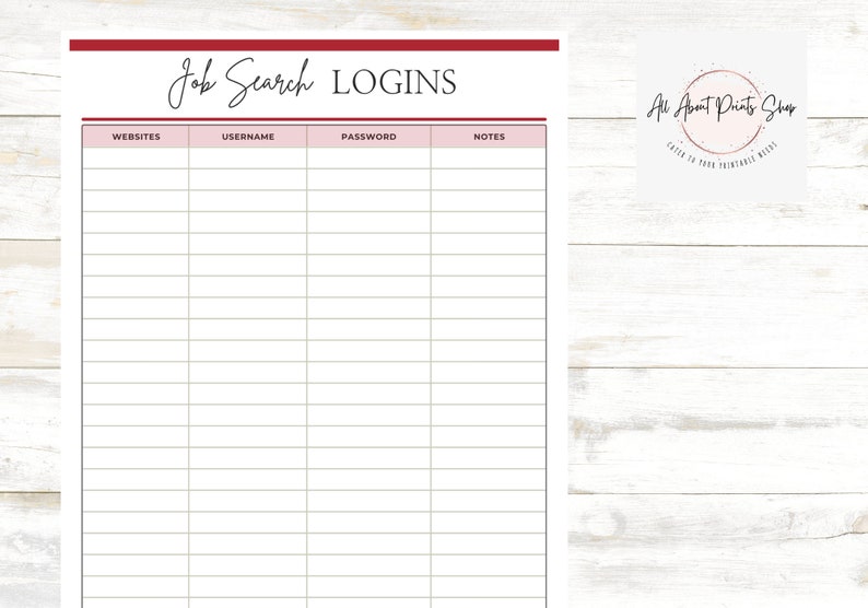 Job Search Logins Printable, Job Search Tracker | Ready to Print | 8 ...