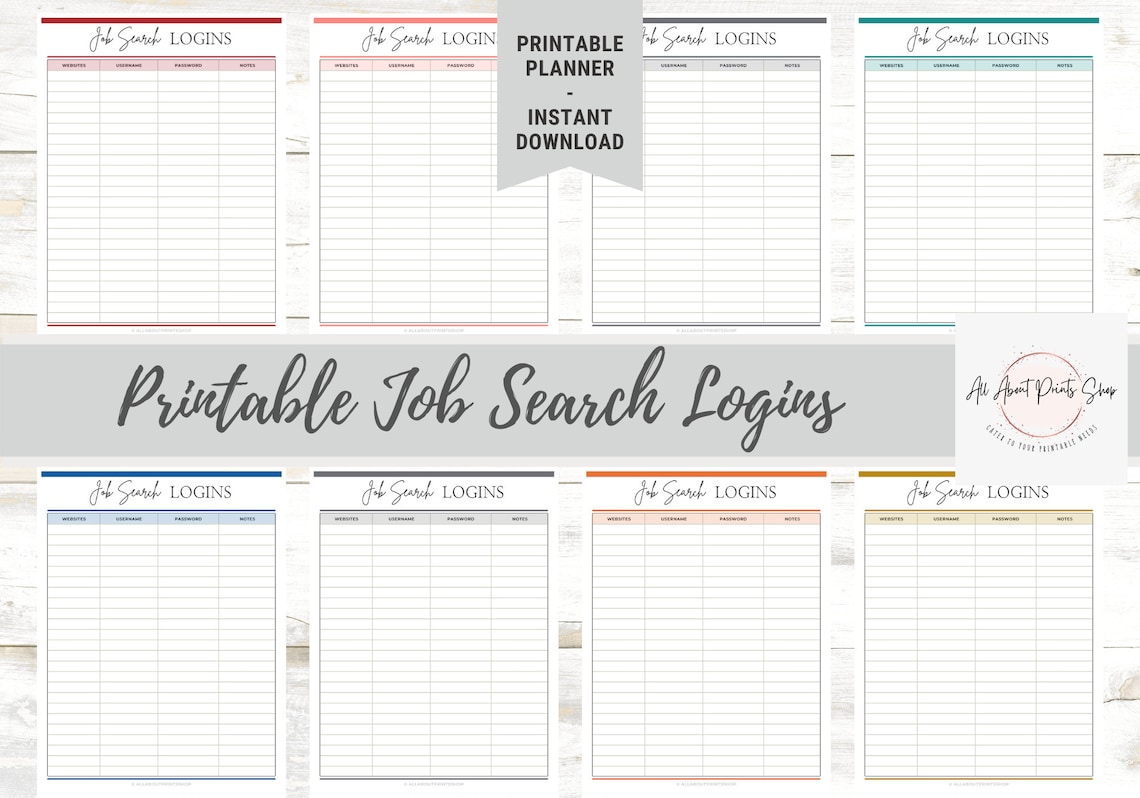 Job Search Logins Printable, Job Search Tracker | Ready to Print | 8 ...