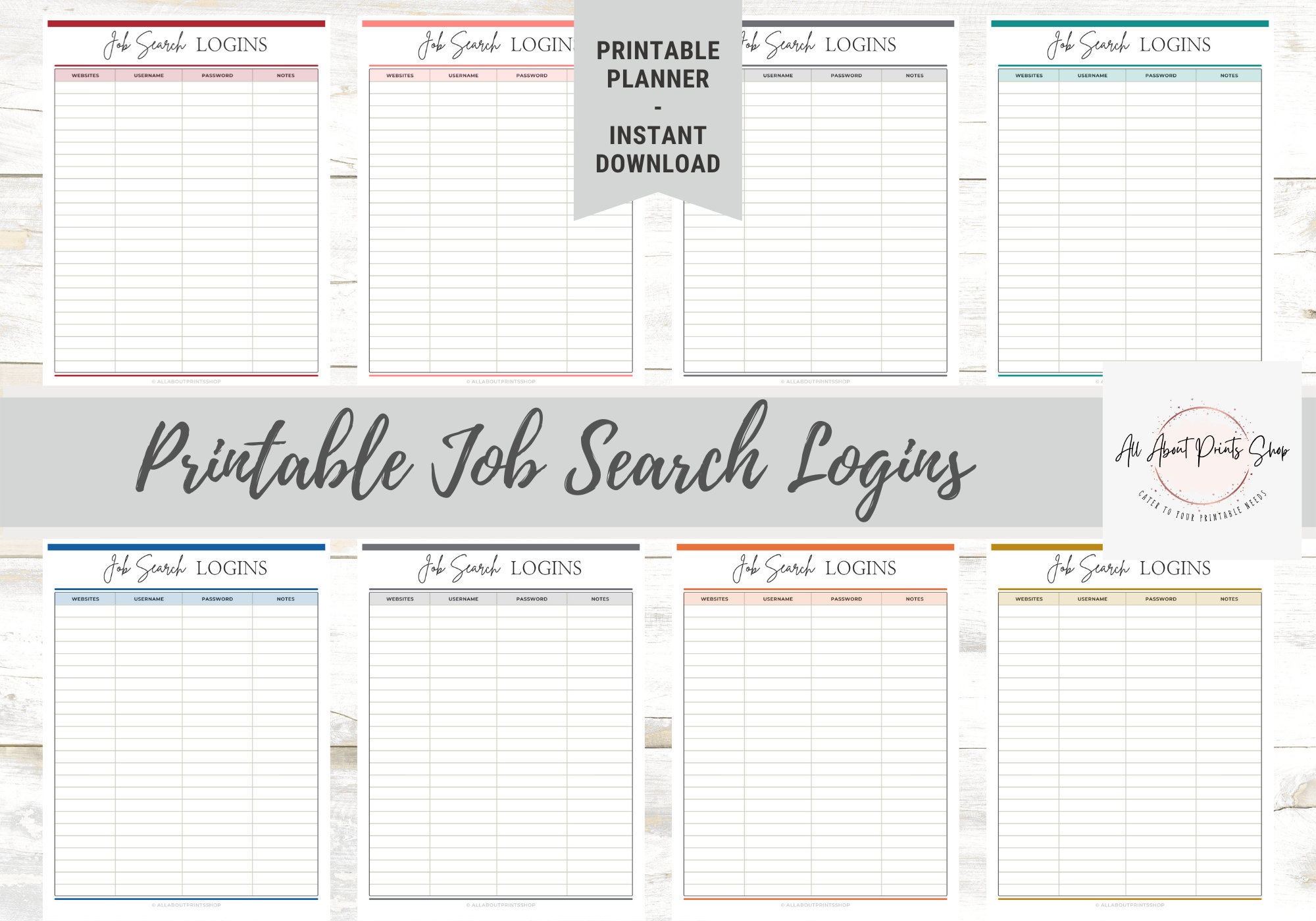 Job Search Logins Printable, Job Search Tracker | Ready to Print | 8 ...