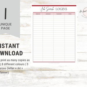 Job Search Logins Printable, Job Search Tracker | Ready to Print | 8 ...