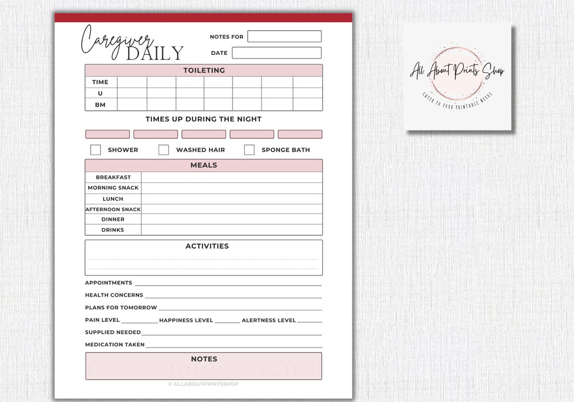 Caregiver Daily Log Book Printable Caregiver Gift - Etsy