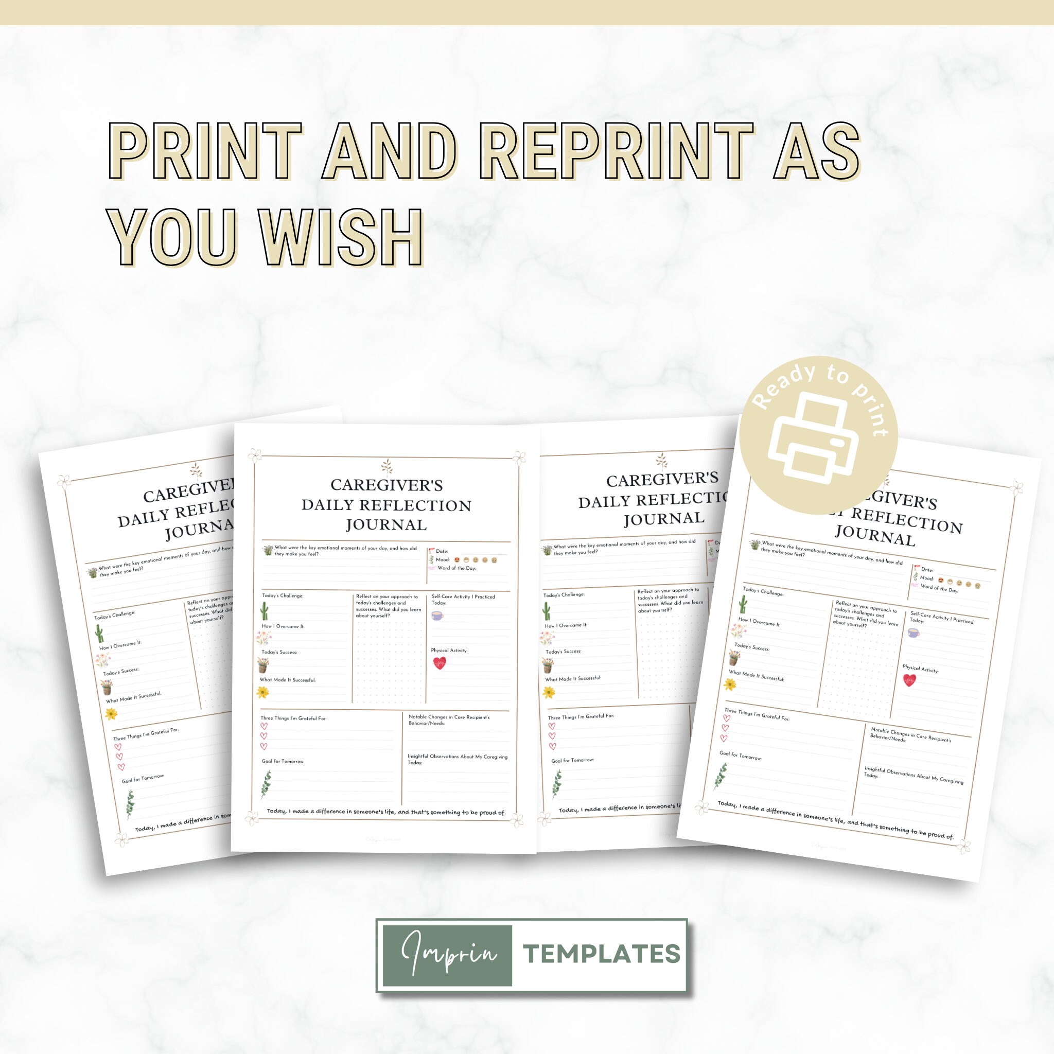 Printable Caregiver Reflection Journal Daily Emotional Wellness Planner ...