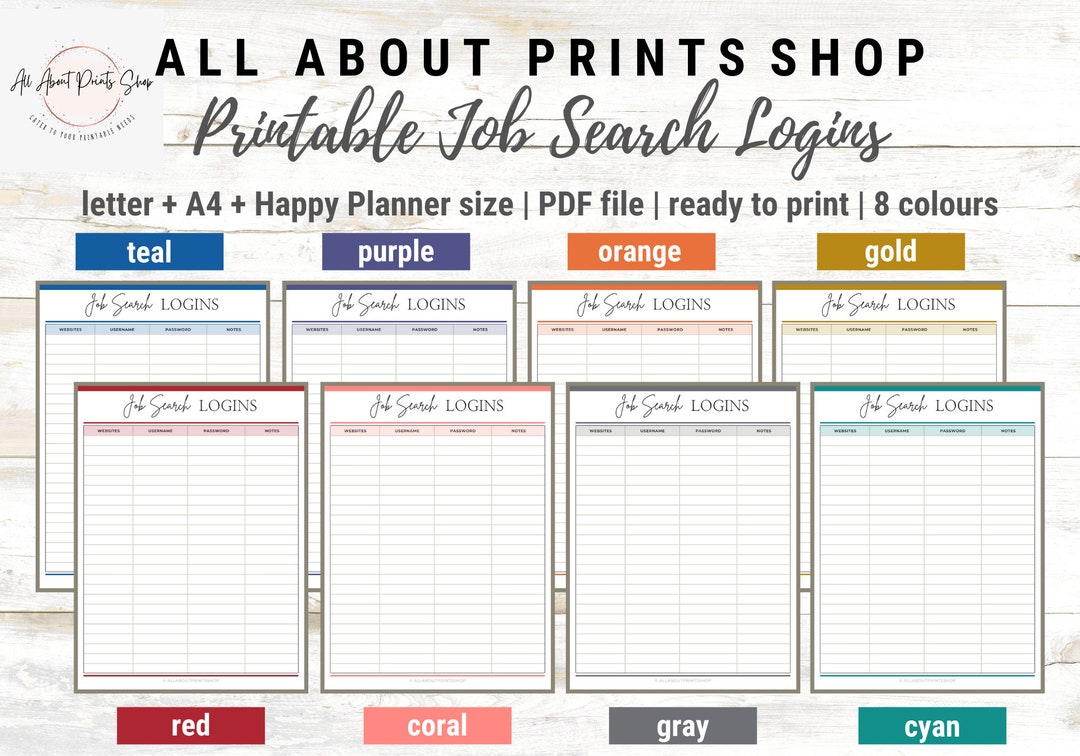 Job Search Logins Printable, Job Search Tracker | Ready to Print | 8 ...