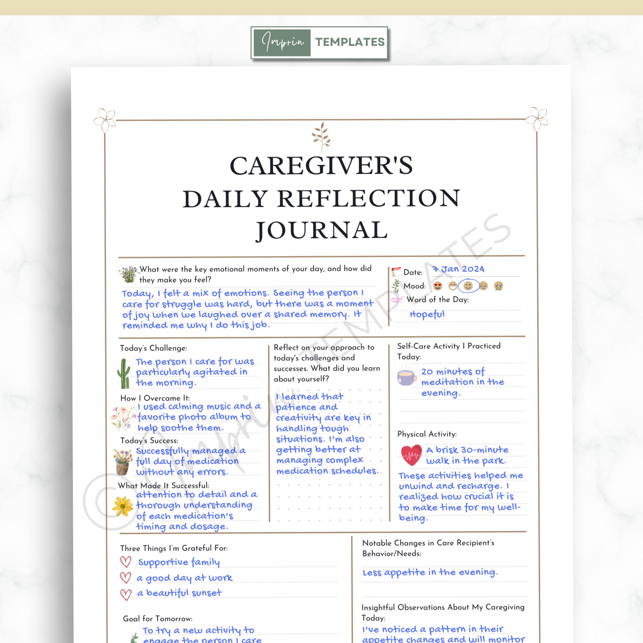 Printable Caregiver Reflection Journal – Daily Emotional Wellness ...