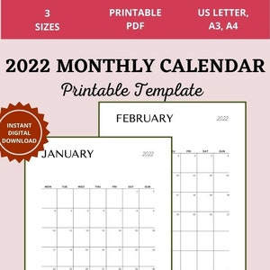 2022 Monthly Calendar Portrait A3 A4 & US Letter Printable - Etsy