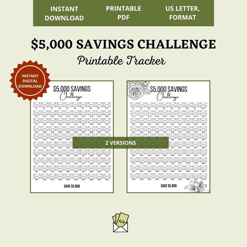 5k Savings Challenge Tracker, Save 5,000 Dollar in 100 Days, Savings ...