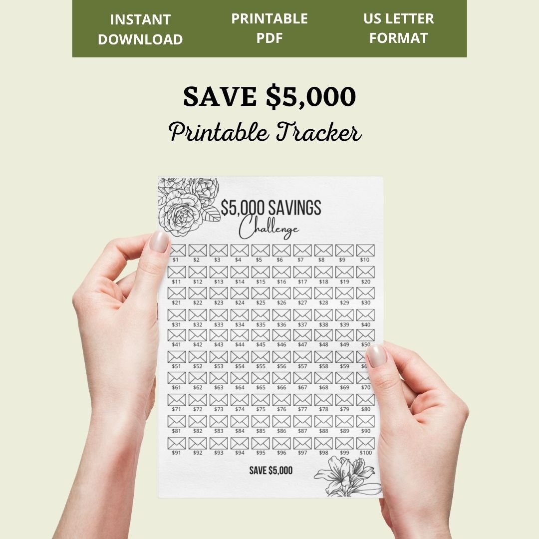 5k Savings Challenge Tracker, Save 5,000 Dollar in 100 Days, Savings ...