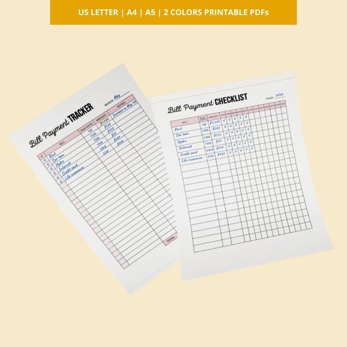 Bill Payment Checklist, Yearly Monthly Bill Planner, Bill Payment ...