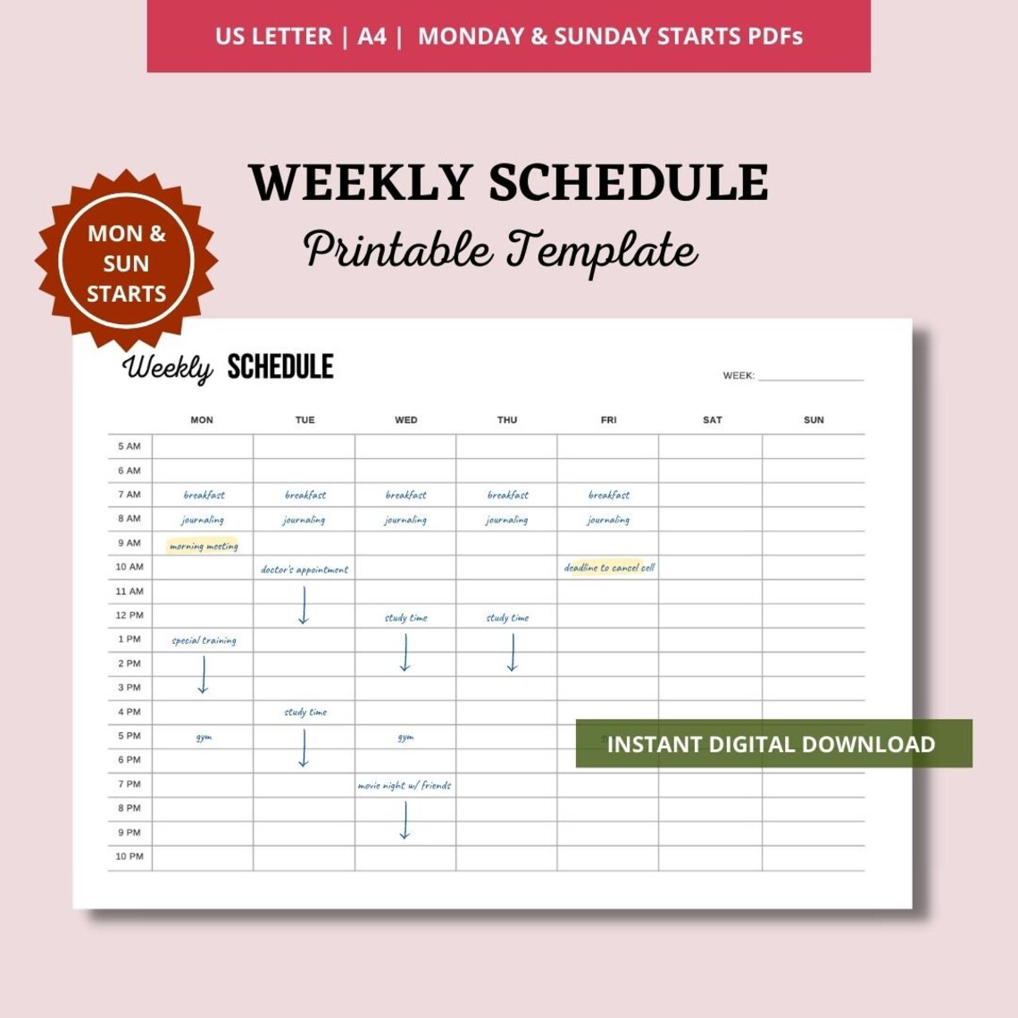 Weekly Planner Printable Hourly Weekly Schedule Landscape - Etsy