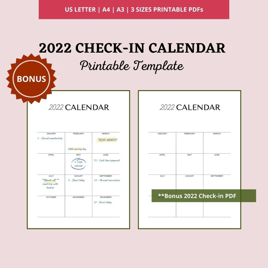 2022 Monthly Calendar Portrait A3 A4 & US Letter Printable - Etsy