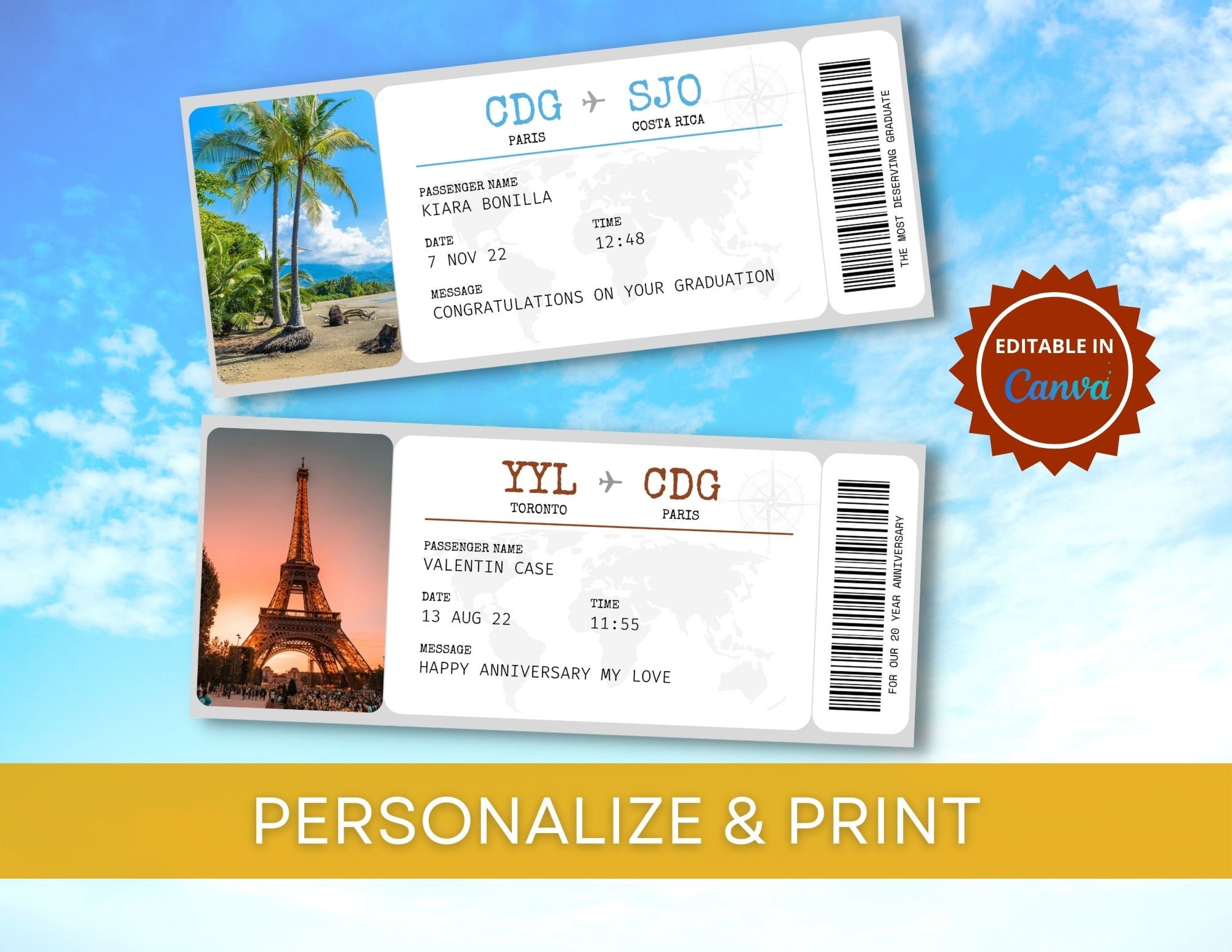 Editable Boarding Ticket Template, Fake Plane Ticket, Printable Airline ...