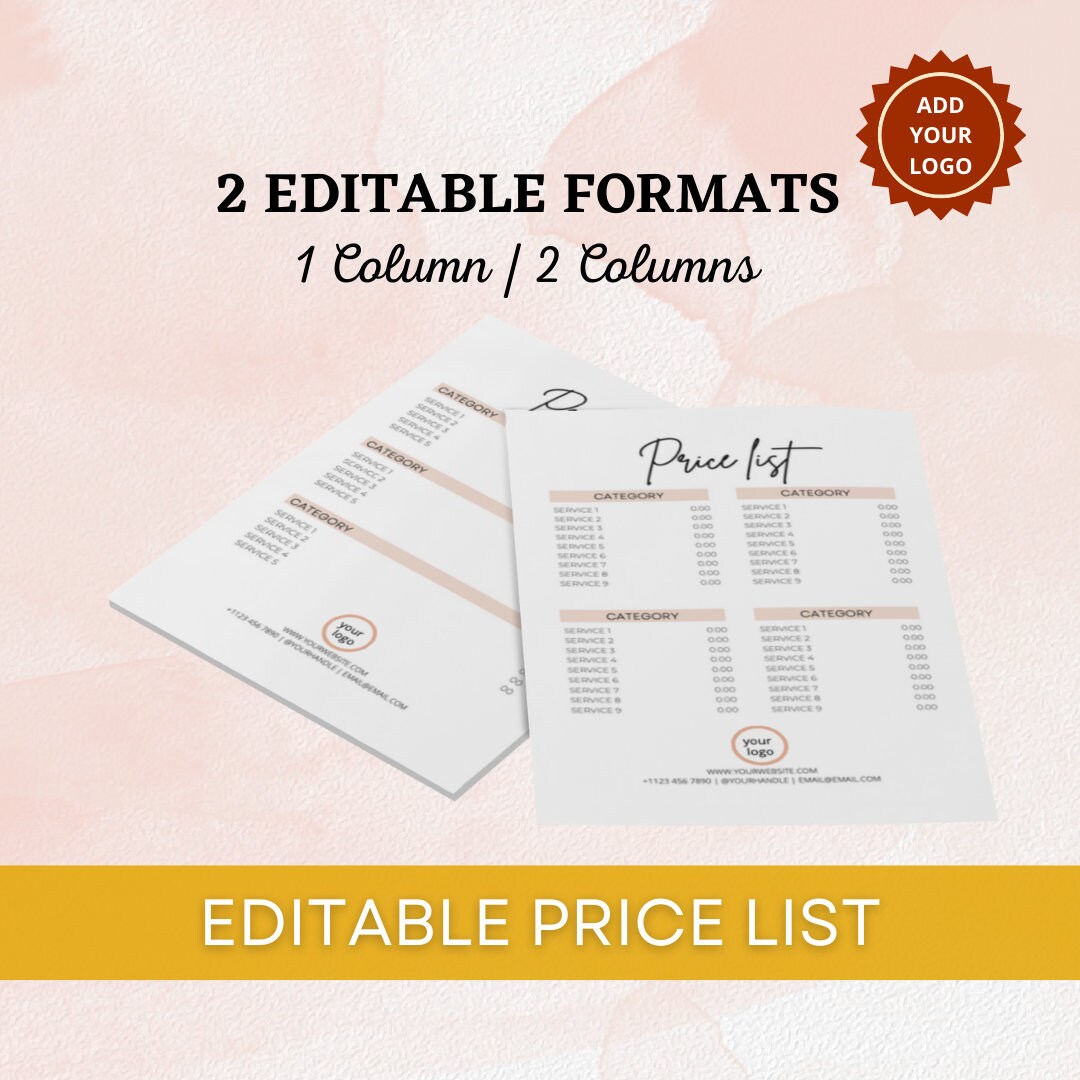 Price List Template Editable Printable Price Sheet Digital - Etsy Canada