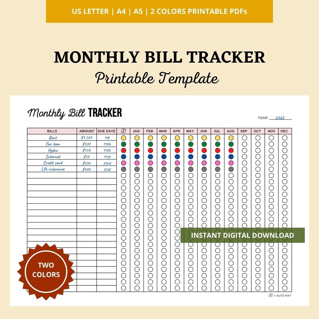 Bill Tracker Printable, Yearly Bill Tracker, Monthly Bill Tracker ...