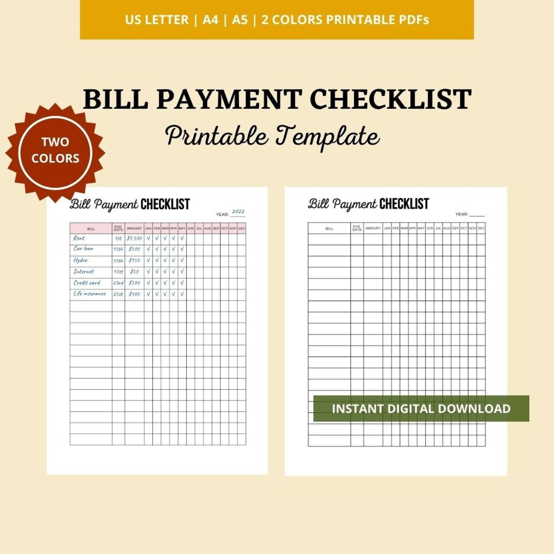 Bill Payment Checklist, Yearly Monthly Bill Planner, Bill Payment ...