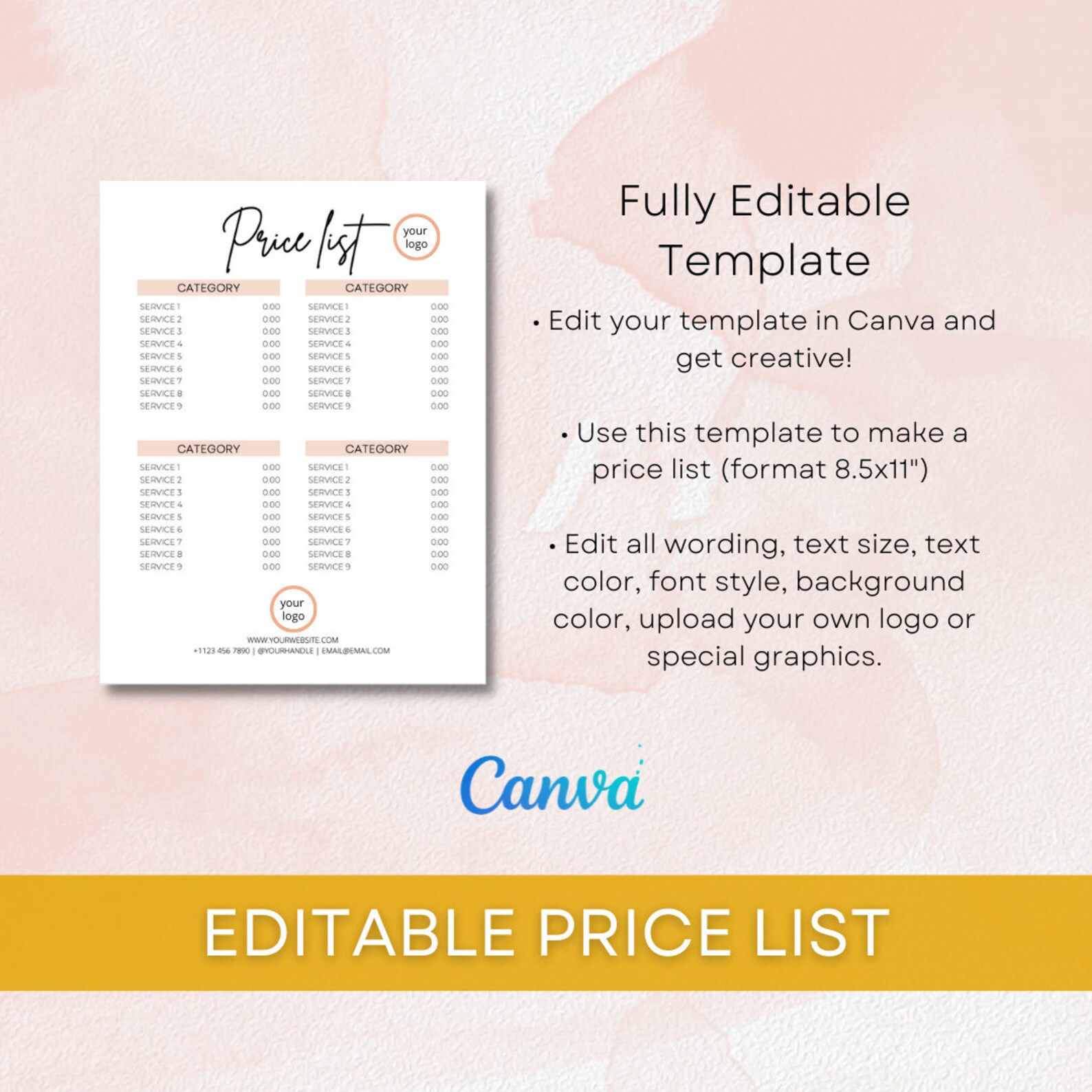Price List Template Editable Printable Price Sheet Digital - Etsy Canada