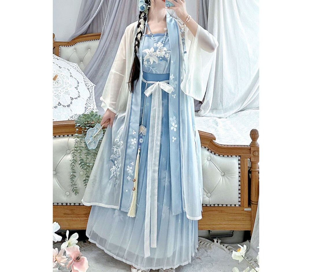 Delicate Blue Hanfu Dress, Simple Floral Hanfu Dress, Stylish Ancient ...