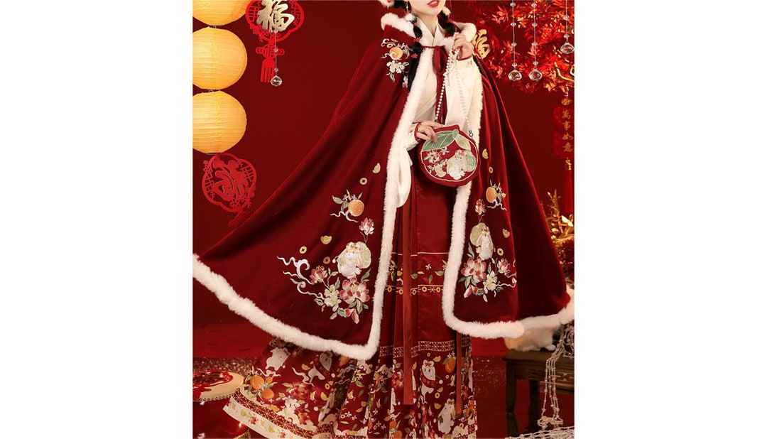 Cute Rabbit Flower Embroidery Hanfu Cloak, Women's Velvet Hooded Cape ...